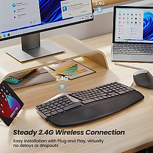 Nulea RT04 Wireless Ergonomic Keyboard, 2.4G Split Keyboard with Cushioned Wrist and Palm Support, Arched Keyboard Design for Natural Typing, Compatible with Windows/Mac