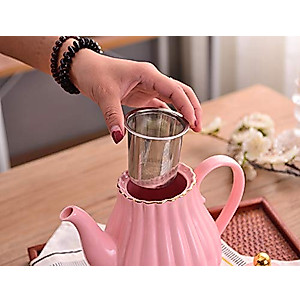 Jusalpha Fine China Pink Coffee Cup/Teacup Set, 7 OZ Cups& Saucer Service for 4, with Teapot-Sugar Bowl-Cream Pitcher Teaspoons and tea strainer for Tea/Coffee, 17-Pieces (TW Full set)