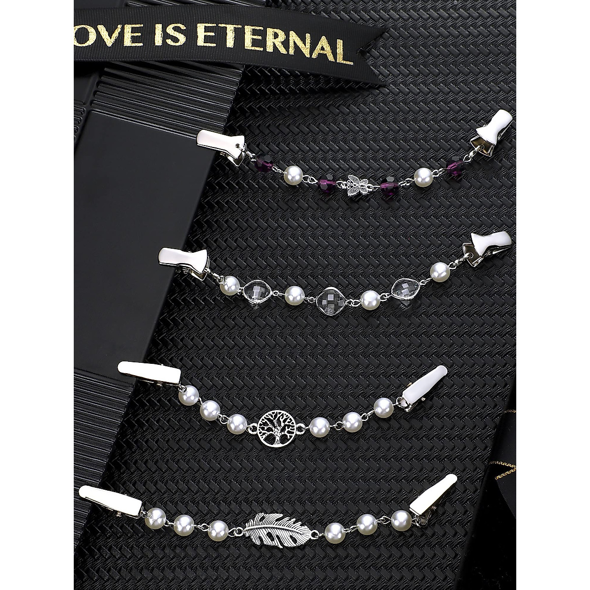 4 Pieces Vintage Sweater Shawl Clips Retro Cardigan Collar Clips Dress Shirt Brooch Clips for Women Wearing, 4 Styles(Pearl Butterfly Style)