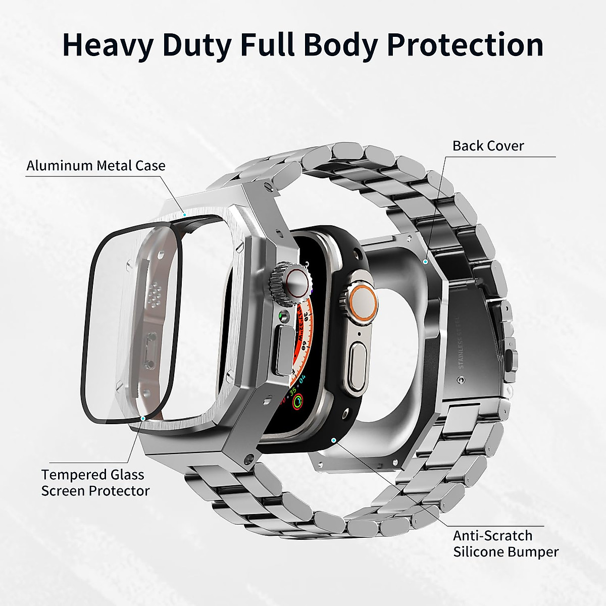 Luxury Aluminum Case with Stainless Steel Band for Apple Watch Ultra/Ultra 2 Titanium 49mm, Rugged Metal Military Protective Cover Protector, Tactical Heavy Duty Protection for Men iWatch, Silver