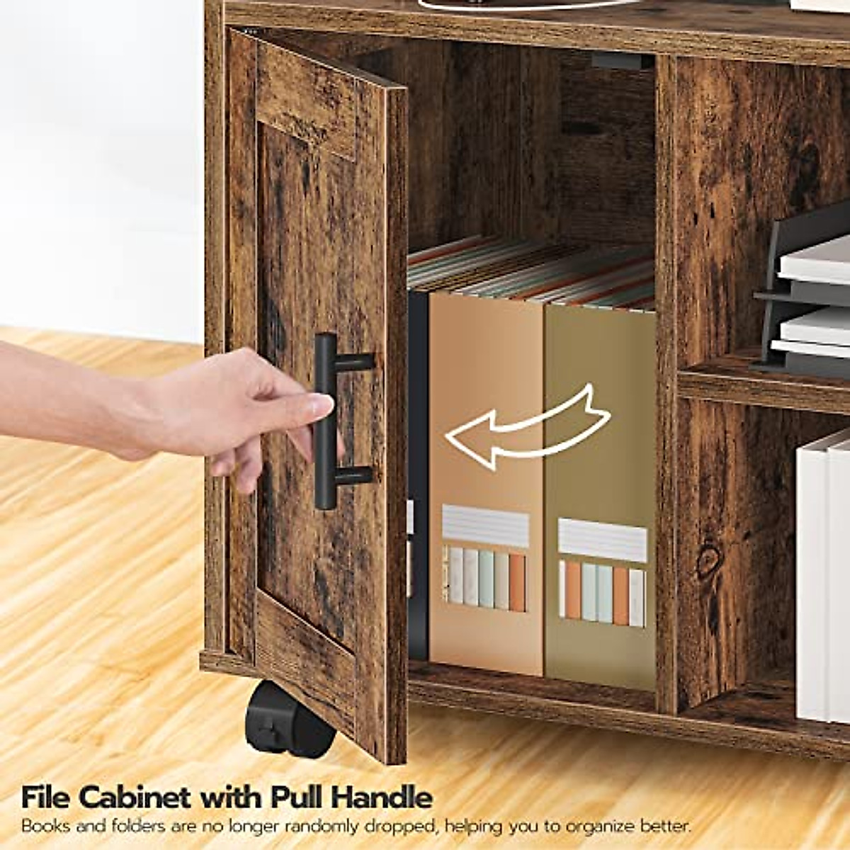 HOOBRO Printer Stand with Charging Station, Rolling Wood Storage Cabinet on Wheels, Printer Cart Table on Wheels for Home Office Rustic Brown FG60UPS01