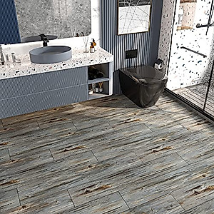 VEELIKE 12-Pack 6''x36'' Blue Reclaimed Wood Vinyl Flooring Peel and Stick Waterproof Wood Look Vinyl Plank Flooring Self Adhesive Renter Friendly Floor Stickers for Bathroom Bedroom Kitchen Basement
