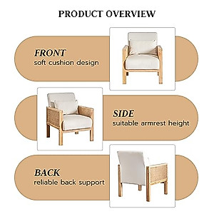 Bonzy Home Modern Velet Accent Chair with Rattan Arms, Comfy Armchair with Solid Wooden Legs, Upholstered Easy Assembly Wooden Single Sofa Reading Nook Chairs for Living Room Bedroom Office, White