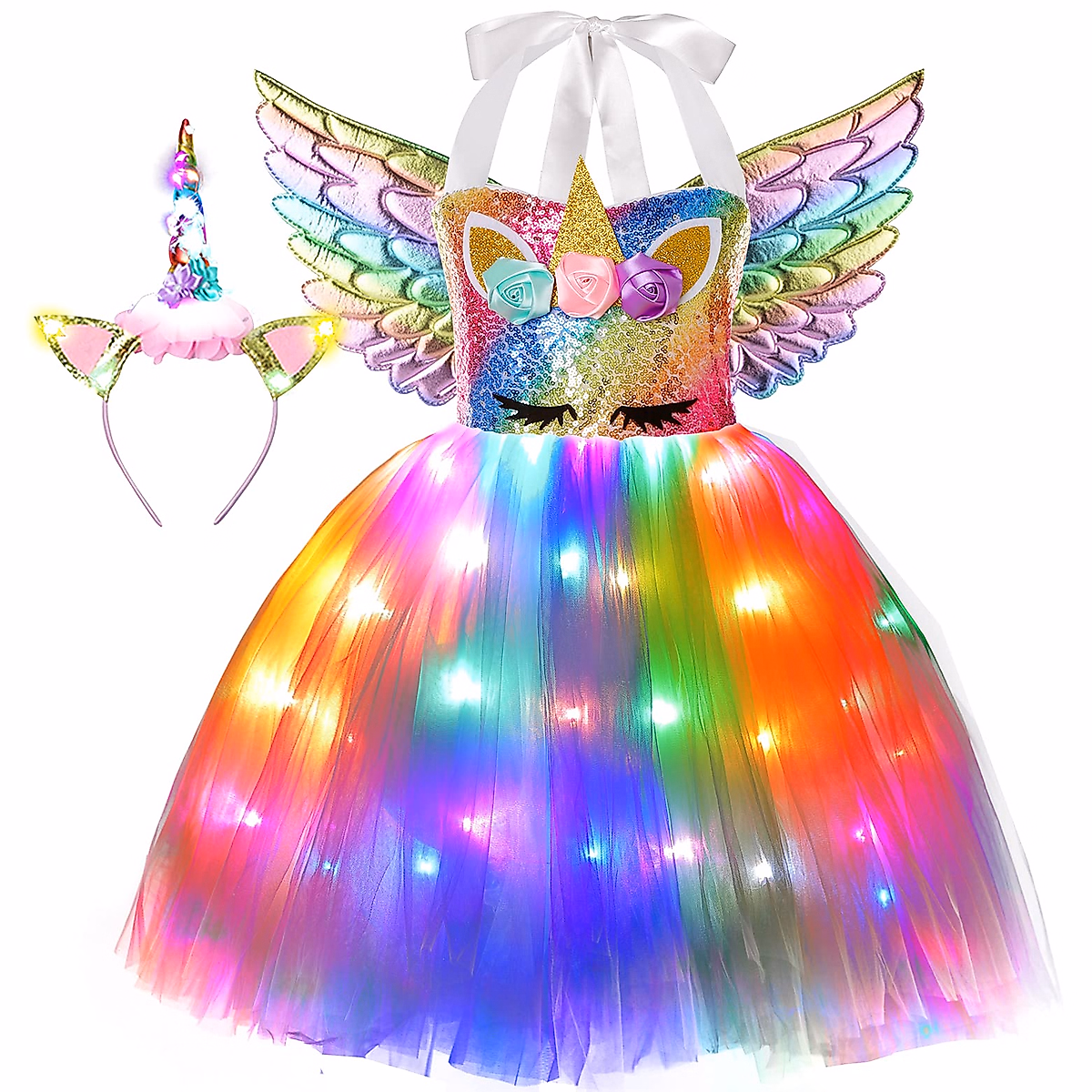 Cuteshower Unicorn Tutu Costume for Girls Halloween LED Light Unicorn Dress Birthday Party Outfit Princess Dress with Wings Rainbow 3-4Years