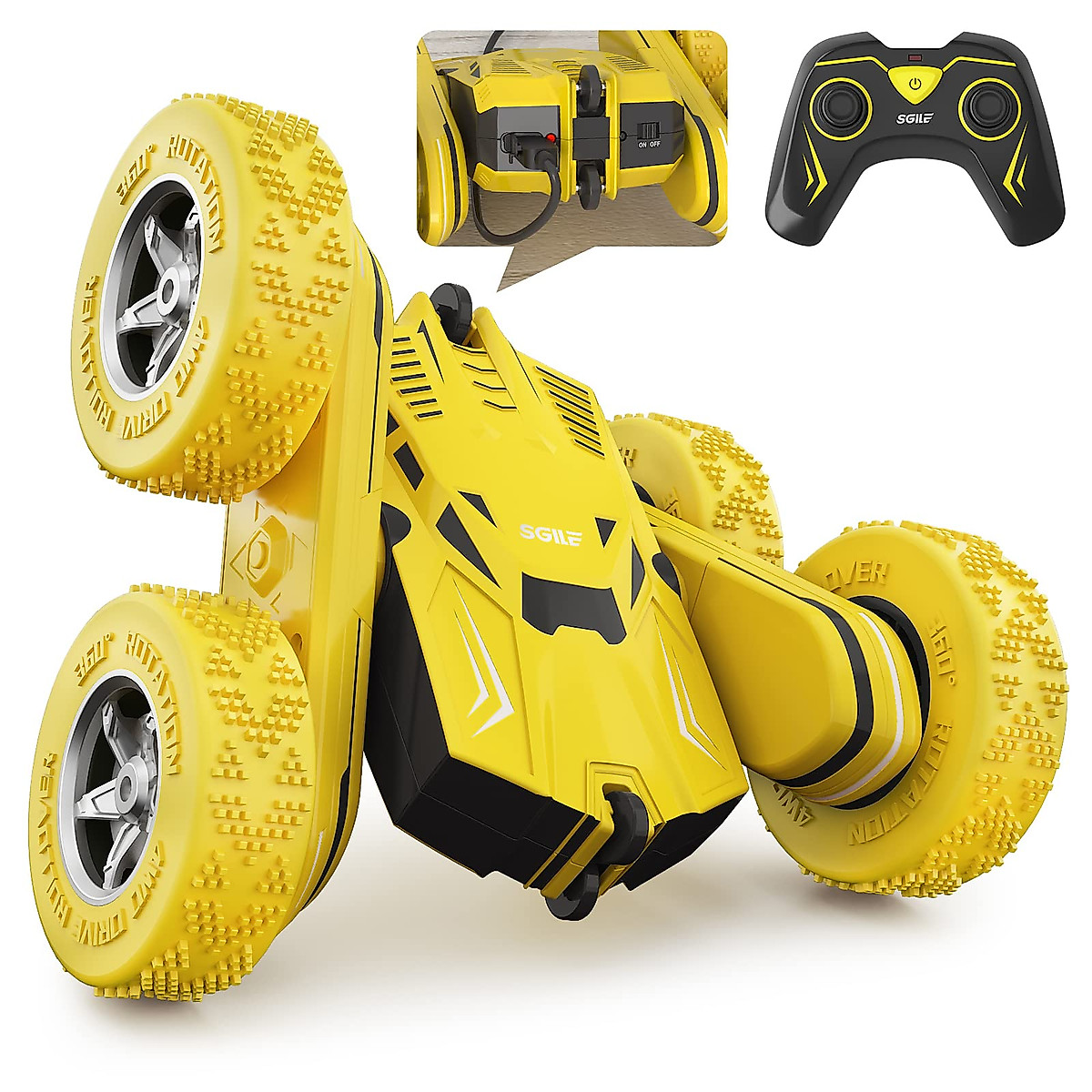 SGILE RC Stunt Car Toy Gift, 4WD Remote Control Car with 2 Sided 360 Rotating Rc Car for Kids Girls Boys Age 6 7 8 12, Yellow