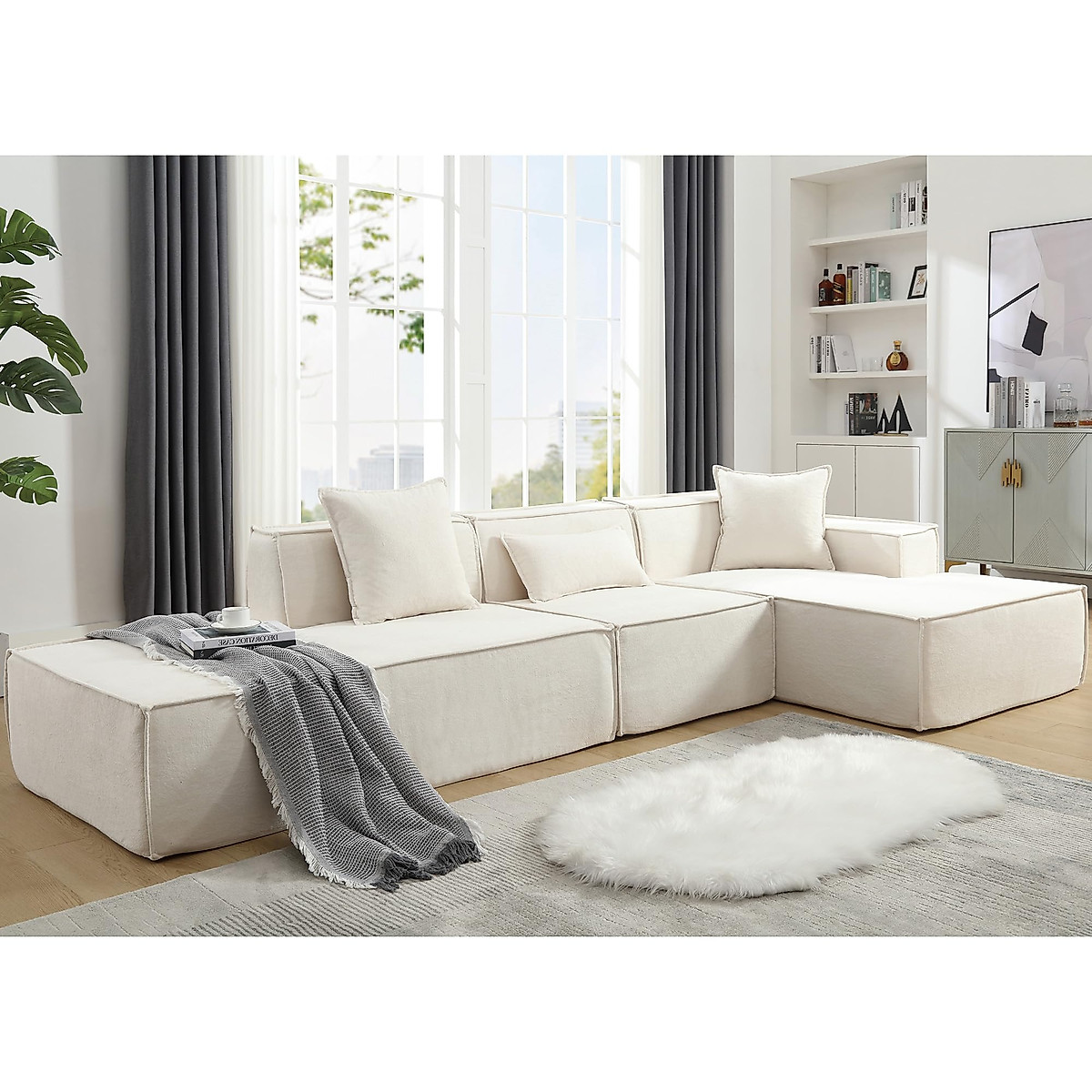 HZANHY 129" Modular Sectional Sofa Couch, L-Shape Upholstered Cloud Couch, Modern Minimalist Couches for Living Room, Deep Seat Corner Couch, Right Facing Chaise