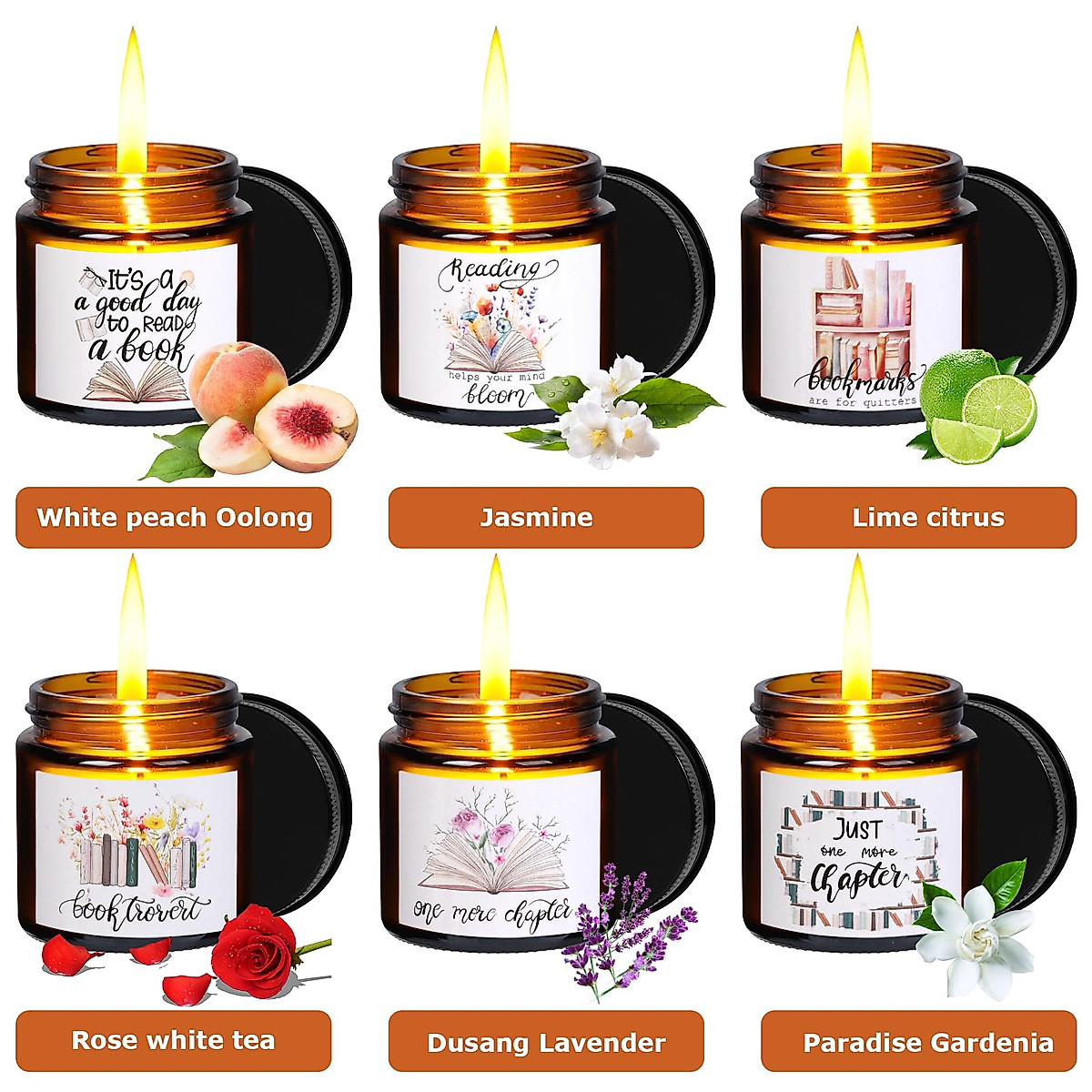 6 Pieces Book Lover Scented Candle 4oz Readers Candle Library Lovers' Day Gifts Soy Wax Jar Candle for Readers Book Lovers Librarian Gifts