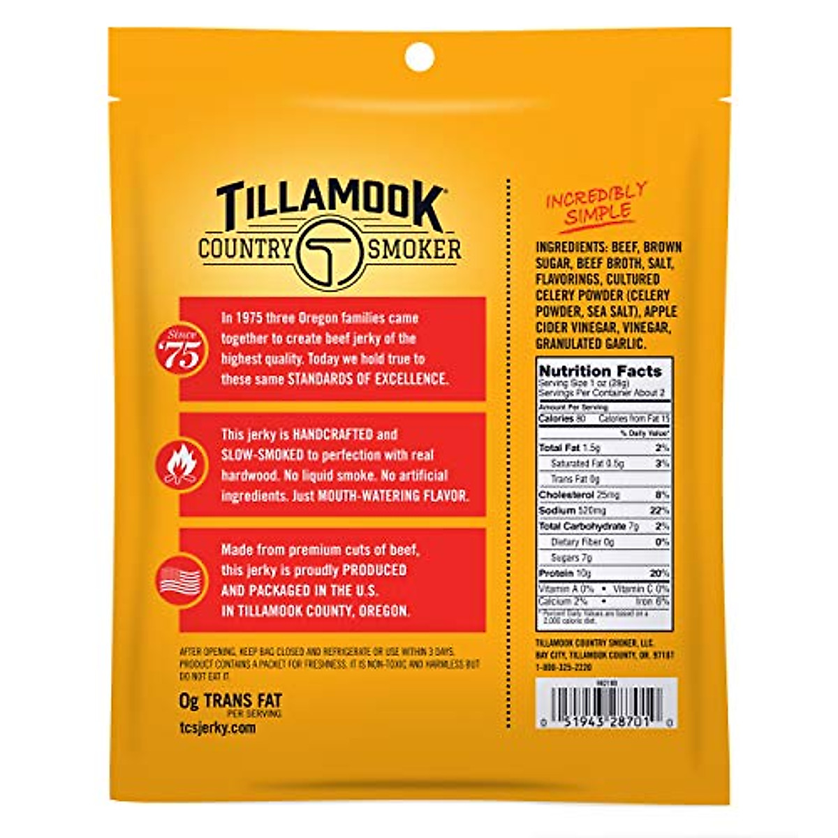 Tillamook Country Smoker Real Hardwood Smoked Beef Jerky, Old Fashioned, 2.5 Ounce