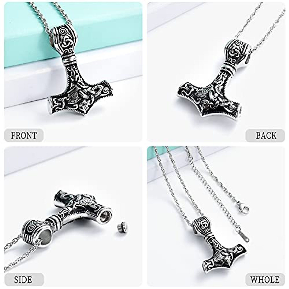 shajwo Cremation Jewelry Viking Hammer Urn Necklace for Ashes for Men Women Celtic Nordic Mjolnir Thors Cremation Jewelry Keepsake Memorial Ashes Pendant,Silver