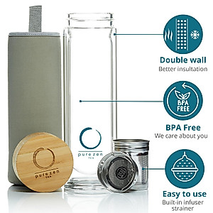 Pure Zen Tea Infuser Bottle - Insulated Glass Bottle for Loose Leaf Tea - Tea Tumbler with Infuser - Portable Travel Mug for Infused Water - Tea Diffuser Thermos on the Go - 15 oz