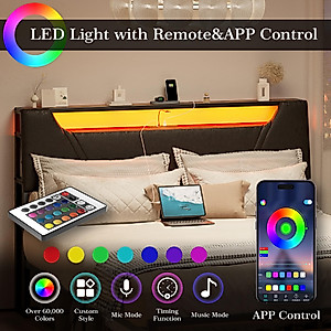 IRONCK Queen Bed Frame with Drawers, Ergonomic Storage Headboard with Charging Station, LED Light, Solid and Stable, No Box Spring Needed