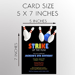 Bowling Birthday Party Invitations Bowling Alley Invites Strike Nightime Midnight Strike Ball Pins Bday Printed Customizable Personalized (12 Count)