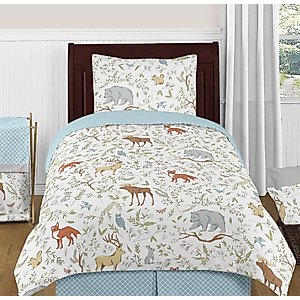 Sweet Jojo Designs Blue, Grey and White Woodland Deer Fox Bear Animal Toile 4 Piece Boy or Girl Kids Childrens Twin Bedding Set