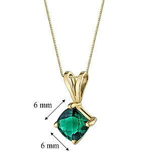 PEORA 14K Yellow Gold Created Emerald Pendant for Women, Classic Solitaire, 0.75 Carat, Cushion Cut, 6mm, AAA Grade