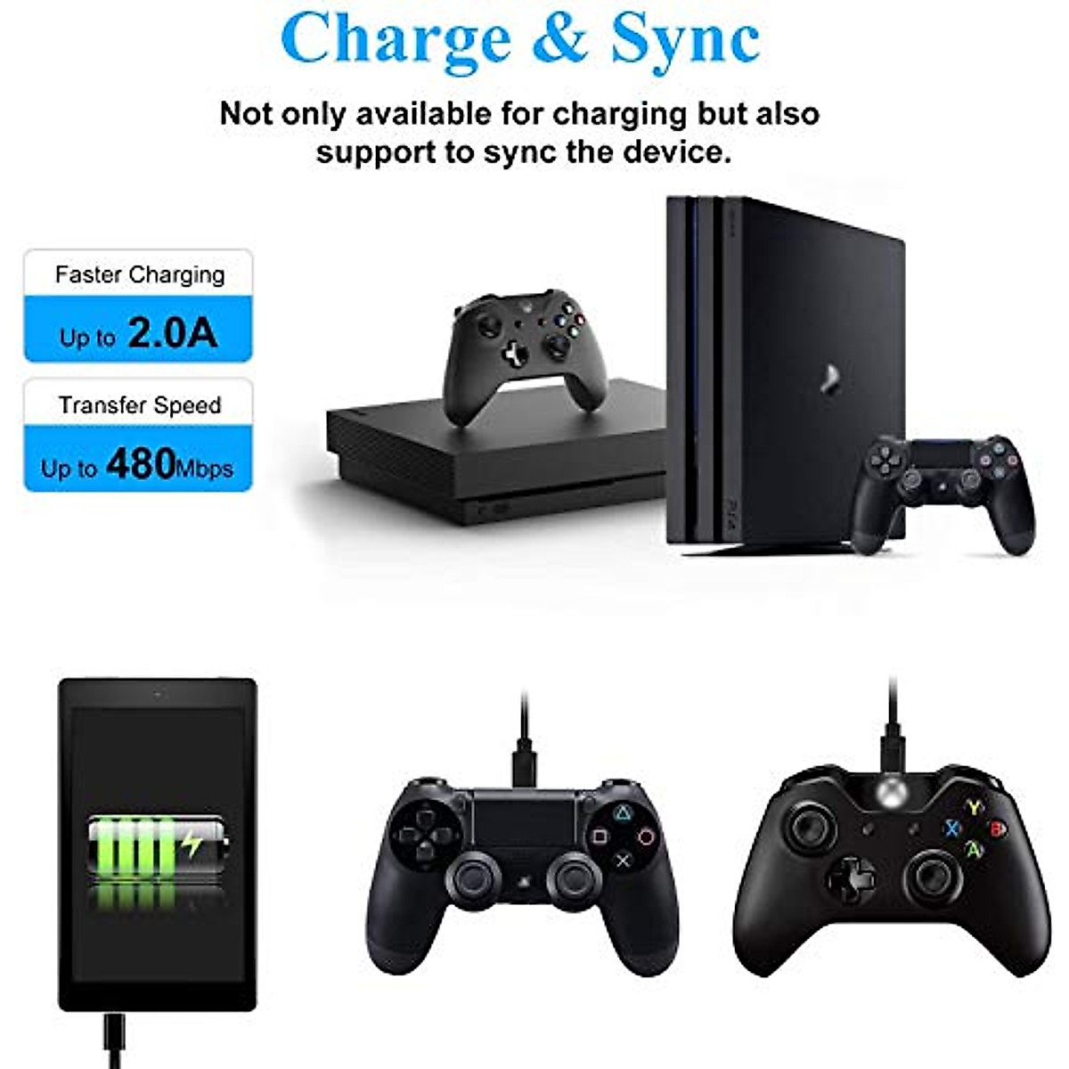 Akingdleo Replacement Xbox One Charging Cable,Play Charge Cord Compatible for Xbox One S/Xbox One Elite/Xbox One X/DualShock 4 Controllers (Black 5FT)