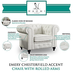 Naomi Home Emery Chesterfield Single Sofa Chair for Living Room, Mid Century Chair with Rolled Arms, Tufted Cushion, Solid Wooden Legs Reading Chairs for Bedroom Comfy Tool-free Assembly – White