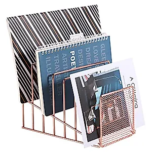Simmer Stone Incline File Sorter, 7 Slot Magazine Holder for Letter, Document, Folder and Book, Metal Desktop Organizer Rack for Home, School and Office, Rose Gold