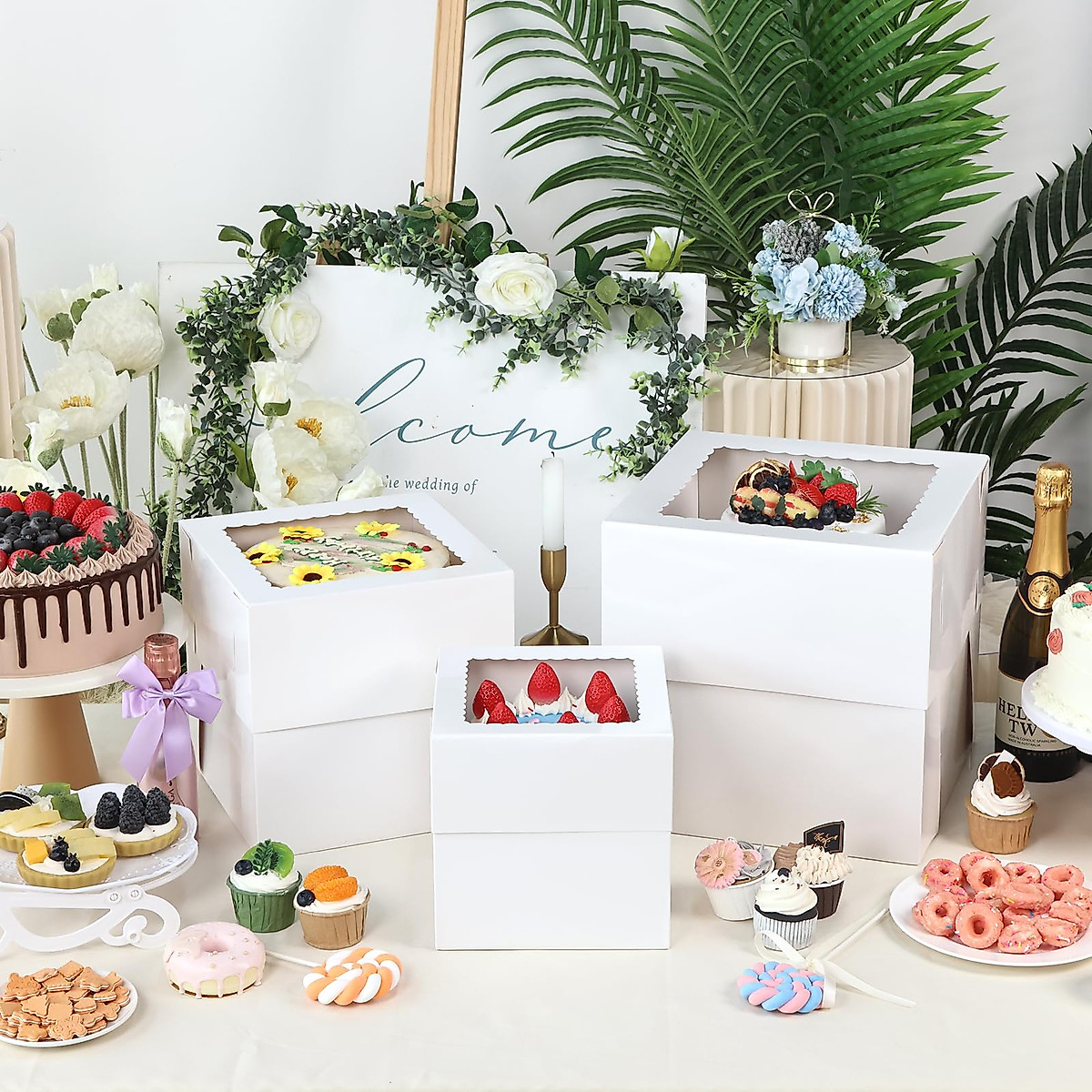 Moretoes 6 Sizes Cake Boxes12 Pcs 12x12x12 12x12x10 10x10x10 10x10x12 8x8x8 8x8x10 Inch Tall Bakery Boxes Disposable Carrier Take Out Container in 2 or 3 Tier for Wedding Birthday