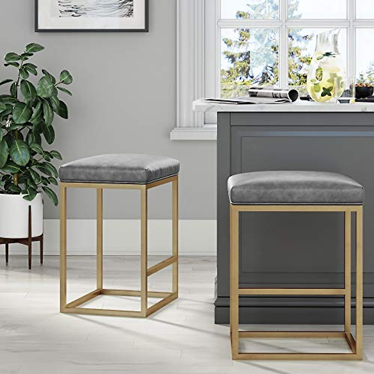 Nathan James Nelson Backless Pub-Height Kitchen Counter Bar Stool with Faux Leather Cushion and Metal Base, 24", Gray/Gold