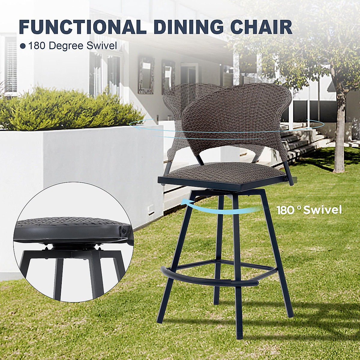 VICLLAX Outdoor 180-Degree Swivel Bar Stools Set of 2, Rattan Tall Patio Chair for Garden Pool Lawn Backyard, Brown
