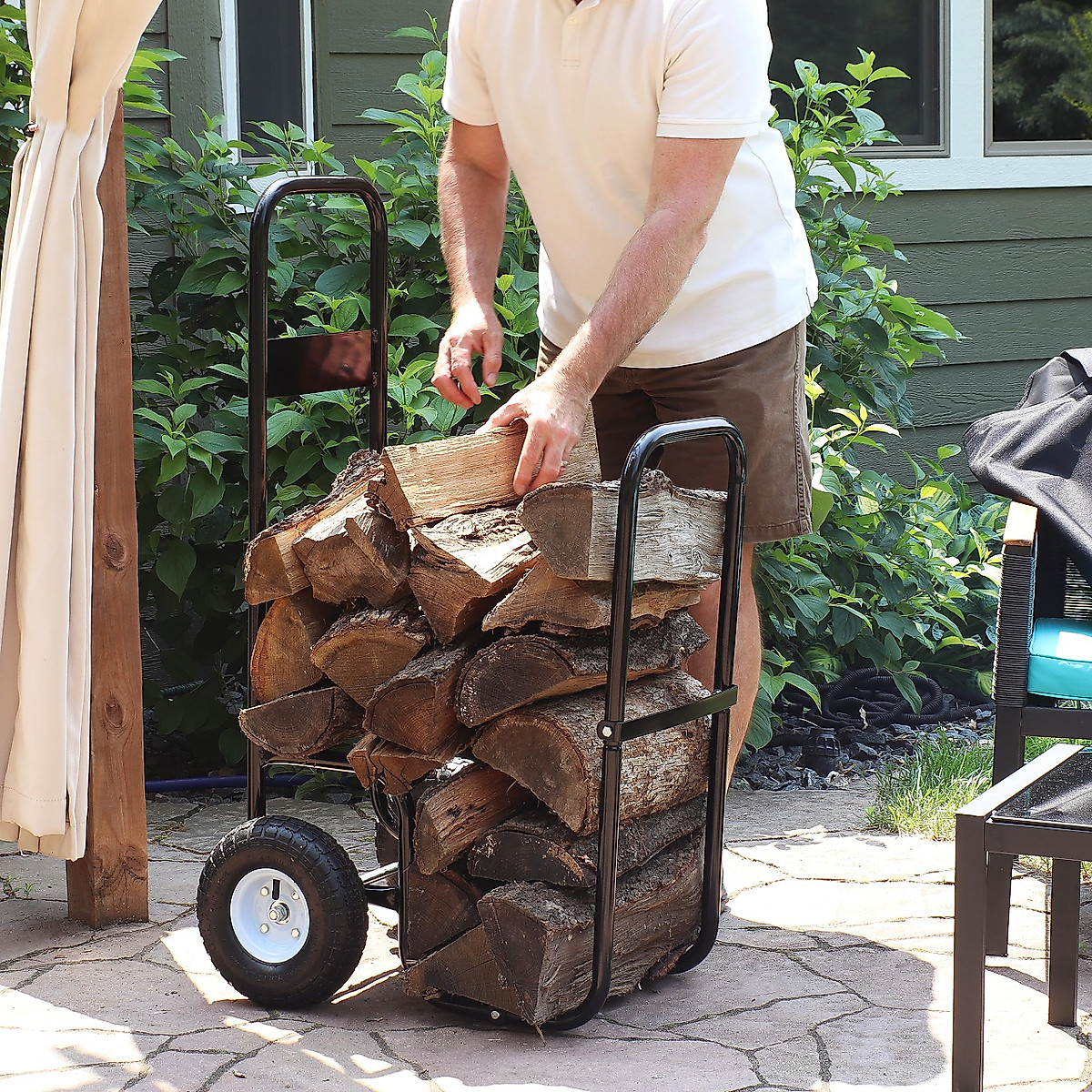 Sunnydaze Outdoor Firewood Log Cart with Pneumatic Tires - Black Steel Rolling Wood Carrier