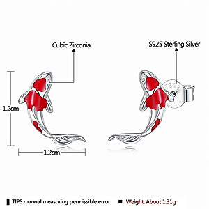 Rofeego S925 Sterling Silver Koi Fish Stud Earrings,hypoallergenic Red Carp Jewelry Gifts ﻿