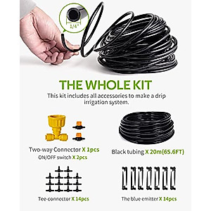 HIRALIY 65.6FT/20M Plant Watering System, Drip Irrigation Kit for Plant, 1/4" Blank Distribution Tubing and 4-outlets Watering Misting Nozzles, Automatic Irrigation Equipment Set for Patio Lawn