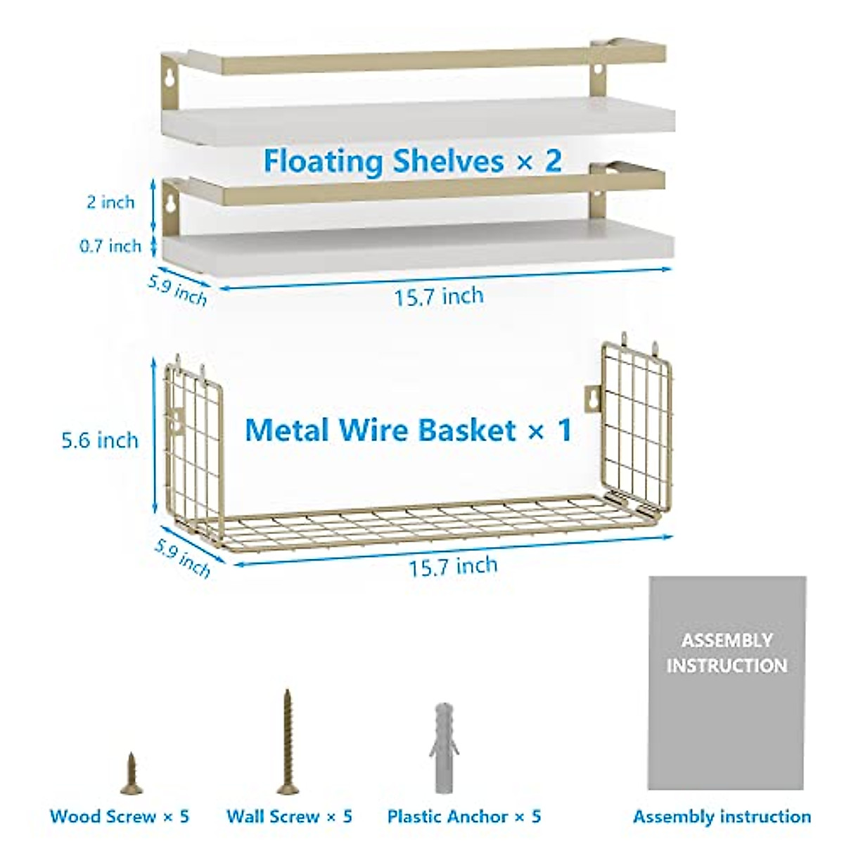 MZF Floating Shelves with Wire Storage Basket for Toilet Paper, Wall Decor for Bathroom/Living Room/Kitchen/Bedroom, (Gold-White-Gold) Shelves for Home Decor