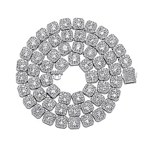 JINAO 10mm Silver Cluster Iced Out Jumbo Tennis Necklace Chain 18k Gold Plated Iced Out Cubic Zirconia Lab Simulated Diamond Square Halo Necklace Tennis Link Chain for Men Women (White Gold, 22)