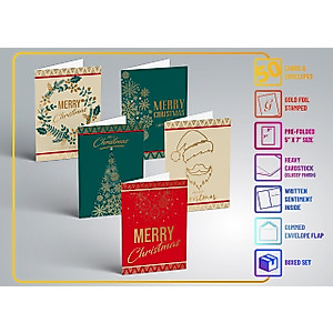 Better Office Products 50 Pack Christmas Cards with Gold Foil Iconic Images, 5" x 7", High Gloss, Gold Foil Interior Greeting, with 50 Envelopes, 50 Count Boxed Set