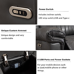 Hybition Power Reclining Sectional Sofa Multi-Functional 6 Seater Sectional Sofa L-Shaped PU Leather L-Shaped Sofa LED Lights Stereo Storage Cup Holders USB -Grey