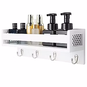 Satauko Coat Hooks Wall Mounted with Shelf, Entryway Hanging Shelf with 4 Metal Hooks, Wooden Floating Shelves for Kitchen Spice Rack Storage, White Wall Shelves Organizer for Bathroom, Bedroom.