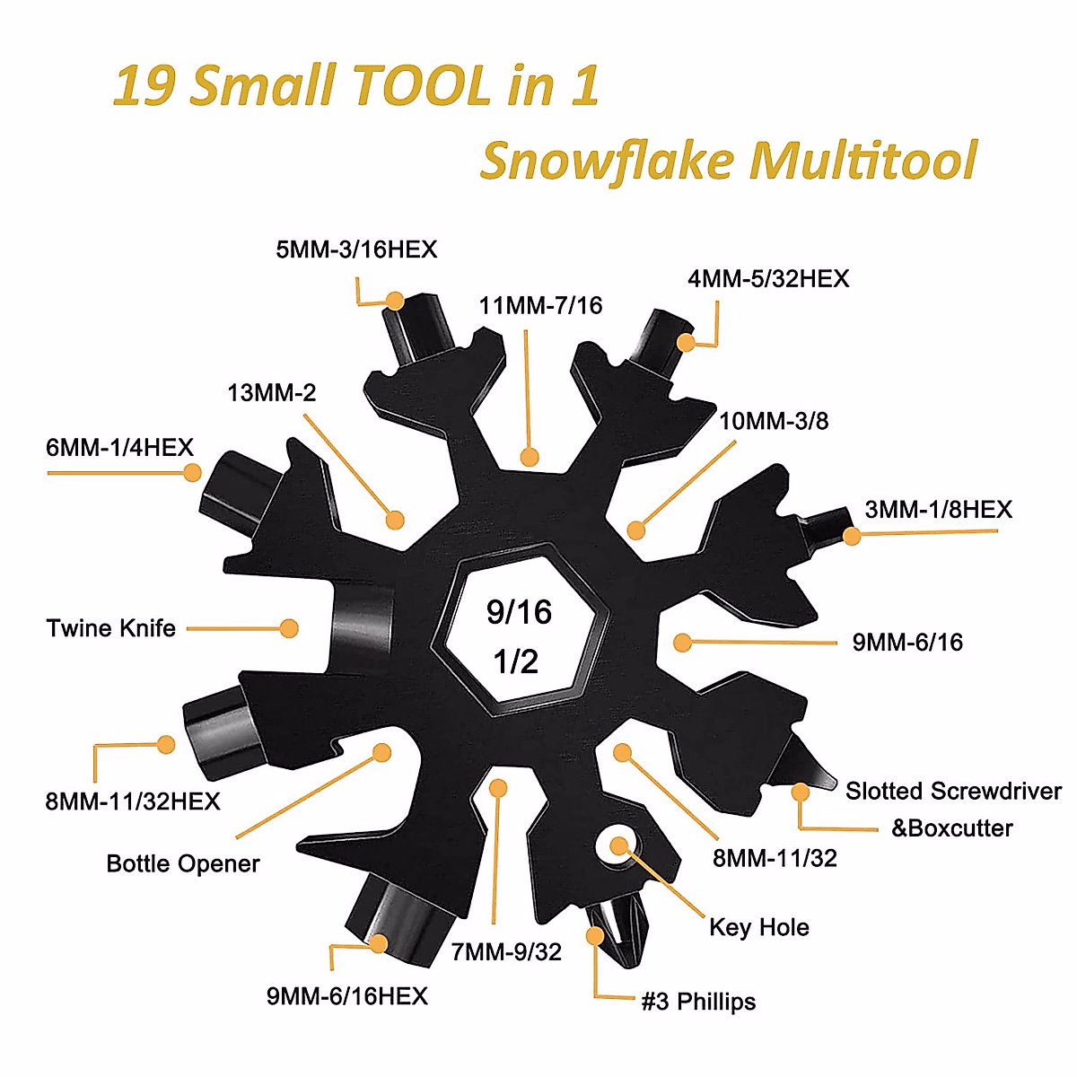 Snowflake Multi tool, 19 in 1 Portable Stainless Steel Snowflake Tool for Outdoor Travel Camping, with Key Ring and Carabiner Clip,Gift for Men Dad (Black)