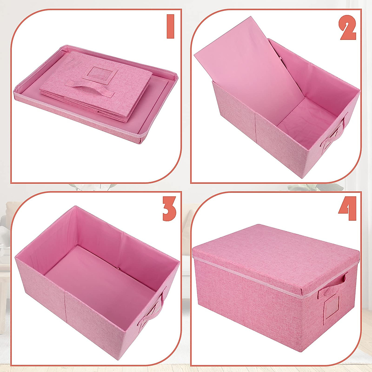 Graciadeco 22.8qt Closet Storage Boxes with Lids Pink Folding Keepsake Storage Bins Stackable Flat Lidded Carboard Storage Contaner for Clothes Barbie Shoes, 2 Pack