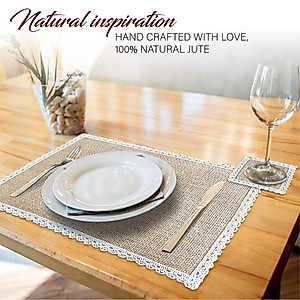 Burlap Placemat 8 pc Set, Farmhouse Placemats Set of 4 with Coasters, Jute Rustic Place Mats and Coasters, Linen Table Mats and Coasters, Set of 4, Heat Resistant