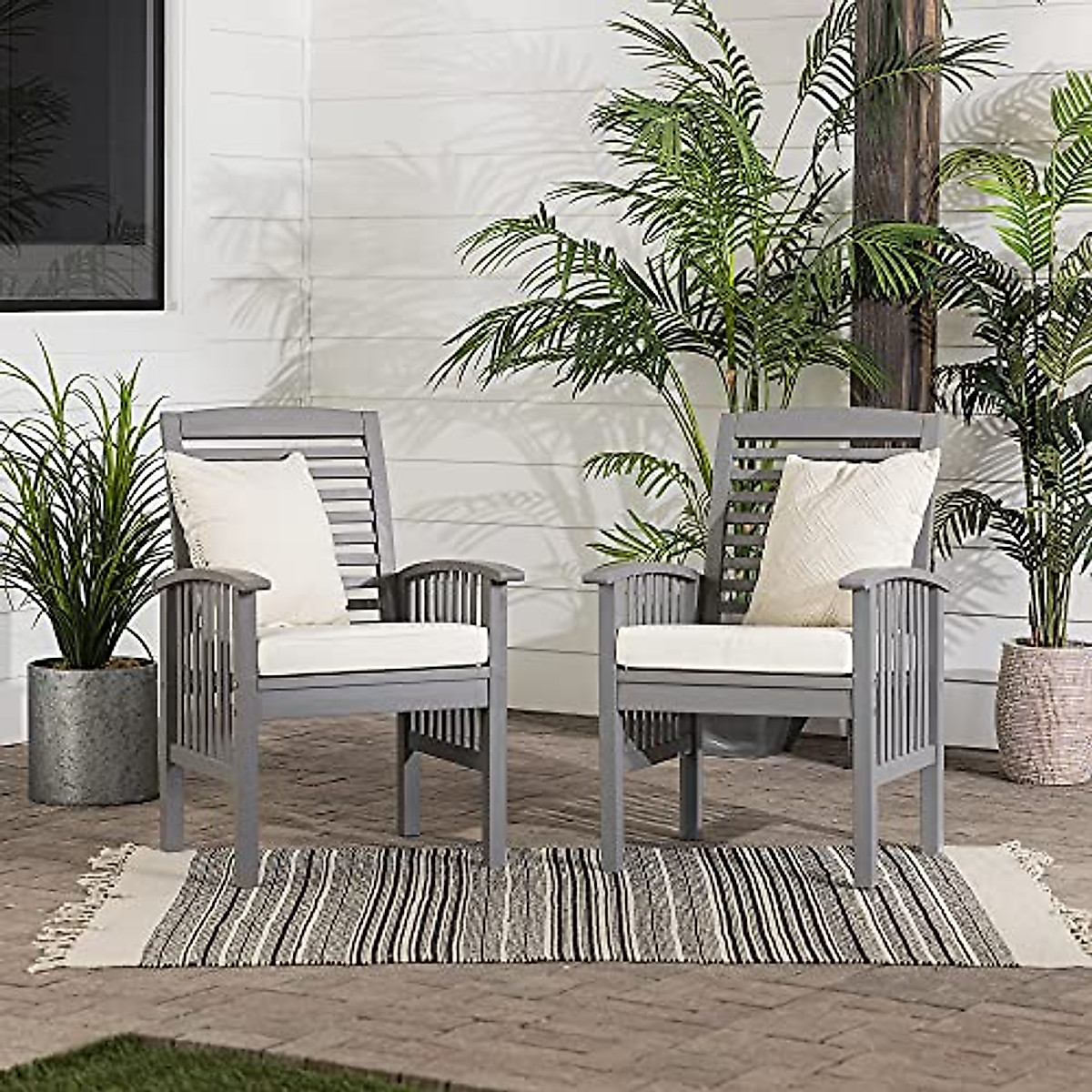 Walker Edison Rendezvous Modern 2 Piece Solid Acacia Wood Slat Back Outdoor Dining Chairs, Set of 2, Grey Wash