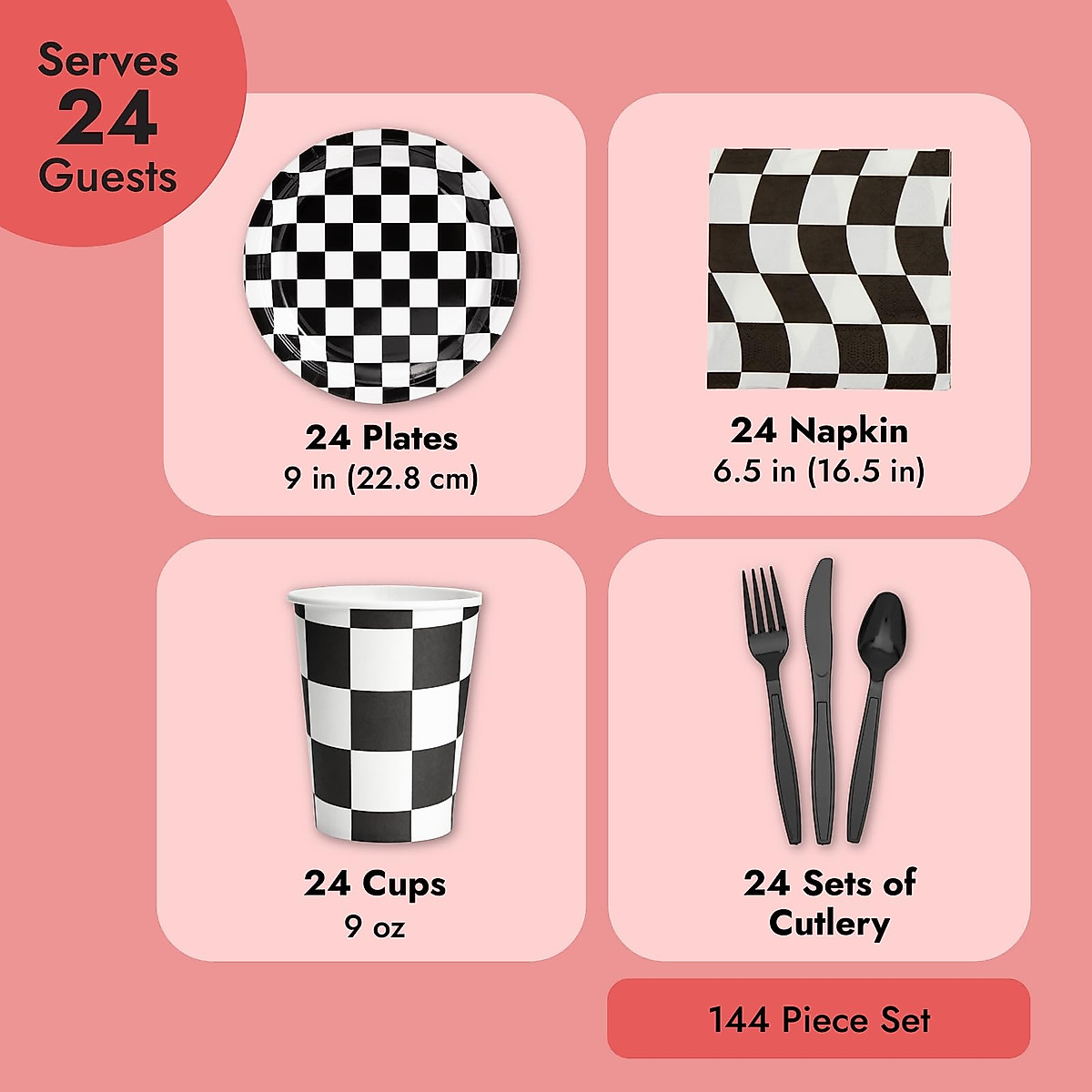 Juvale 144 Piece Race Car Birthday Party Supplies with Checkered Flag Plates, Napkins, Cups, and Cutlery (Serves 24)