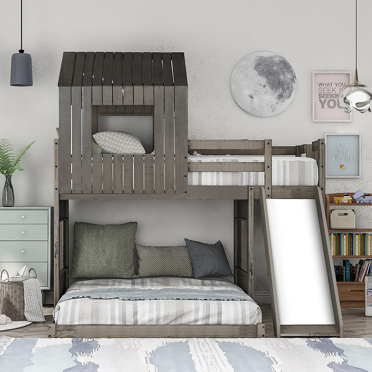 Harper & Bright Designs Twin Over Full Bunk Bed with Slide and Roof, Wood House Bunk Bed with Ladder and Guardrails, Playhouse Bed for Kids Teens Girls Boys – Antique Gray