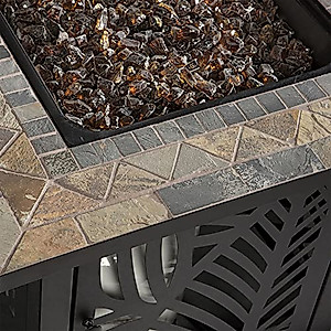 Endless Summer 30 Inch Square 50,000 BTU LP Gas Outdoor Fire Pit Table with Slate Tile Mantel, Cut Out Design, Fire Glass, and Cover, Brown Multi