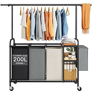 Raybee Laundry Hamper, Laundry Basket, Laundry Sorter, 200L（53Gal）Laundry Basket with Wheels, Laundry Sorter 3 Section, Laundry Hamper with 13" Adjustable Hanging Bar and 3 Tier Shelves