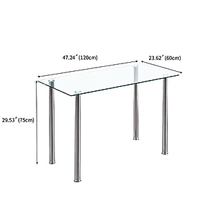Clear Glass Dining Table 45.3" * 23.6" * 29.5", Rectangular Kitchen Table with Tempered Glass Tabletop and Chrome Legs, Clear Glass Kitchen Table for Restaurant, Apartment and Small Space
