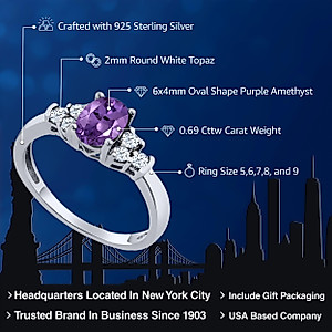 Gem Stone King 925 Sterling Silver Purple Amethyst and White Topaz Engagement Ring For Women (0.69 Cttw, Oval 6X4MM, Gemstone Birthstone, Available In Size 5, 6, 7, 8, 9)