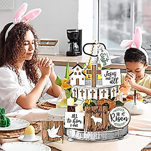 15 Pcs Easter Tiered Tray Decor Set, Table Top Decor Farmhouse Wooden Block Signs Wood Cross Decor with LED String Lights for Easter Home Kitchen Decorations