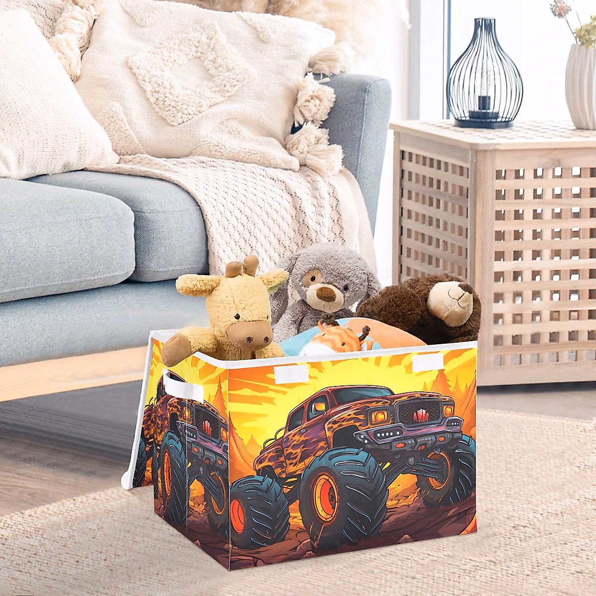 Vnurnrn Monster Truck Sports Storage Cube with Lid Collapsible, Large Capacity Foldable Storage Basket Bin Organizer 16.5×12.6×11.8 IN