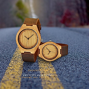 CUCOL Mens Wooden Watches Brown Cowhide Leather Strap Casual Watch for Groomsmen Gift with Box