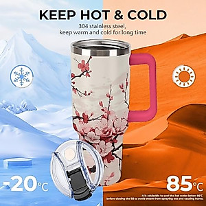 40 Oz Vacuum Tumbler with Light Rose Red Handle Leakproof Insulated Tumbler Japanese Floral Cherry Blossom Stainless Steel Travel Mug with Lid And Straw Coffee Cup Cute Water Bottles Cup Holder Friend