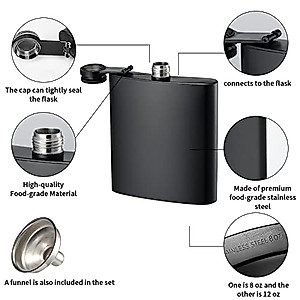 2 Pack Hip Flasks for Liquor, 6 oz & 8 oz Thin Flasks Stainless Steel Leakproof with a Funnel for Easy Pouring for Men & Women (Matte Black, 2 Hip Flasks with 1 Funnel)