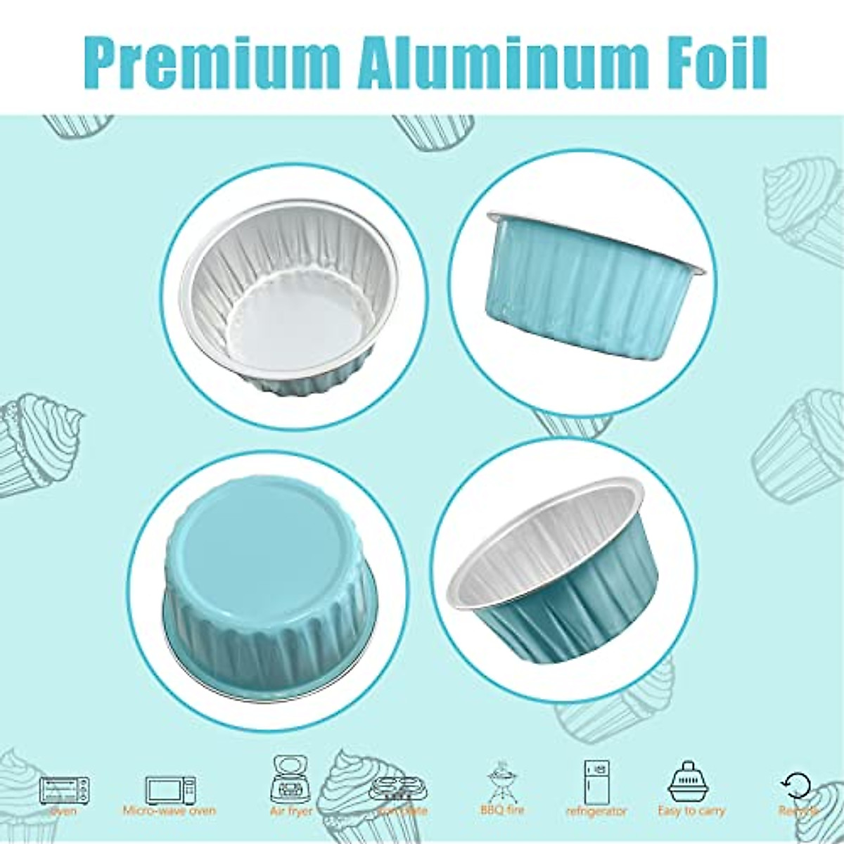 100Pcs Aluminum Cups with Lids,5oz Disposable Ramekin Baking Cups Muffin Liners Mini Pie Pans Foil Cupcake Containers for Christmas Party Wedding,Blue