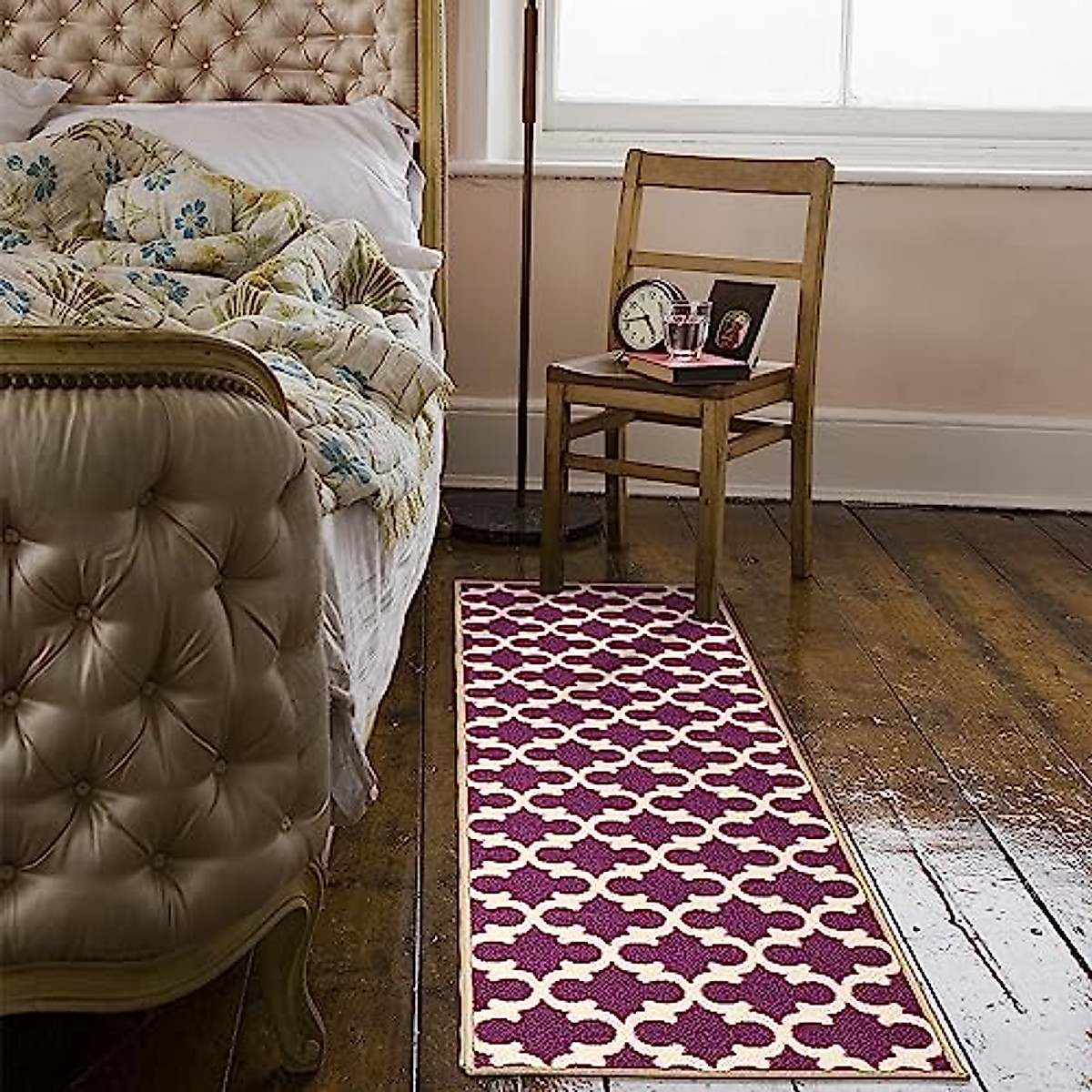 Machine Washable Moroccan Trellis Design Non-Slip Rubberback 2x5 Traditional Indoor Runner Rug for Hallway, Kitchen, Bedroom, Entryway, 20" x 59", Purple