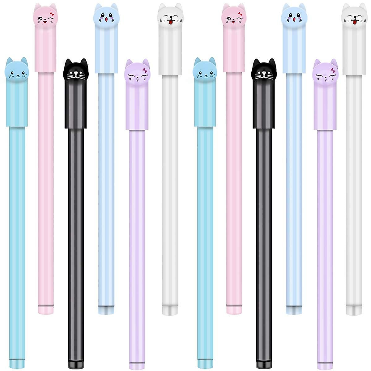 Sencoo 12 Pack Erasable Gel Pens - Black, Cute, Kawaii Cat Pens with Ultra Fine 0.5 mm Point